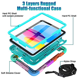 TIRIN New iPad 10th Generation Case 2022, iPad 10.9 inch case with Built-in Screen Protector & Pencil Holder & Rotating Hand Strap Stand Shockproof Protective Case for iPad 10th Gen 10.9, Aqua Teal