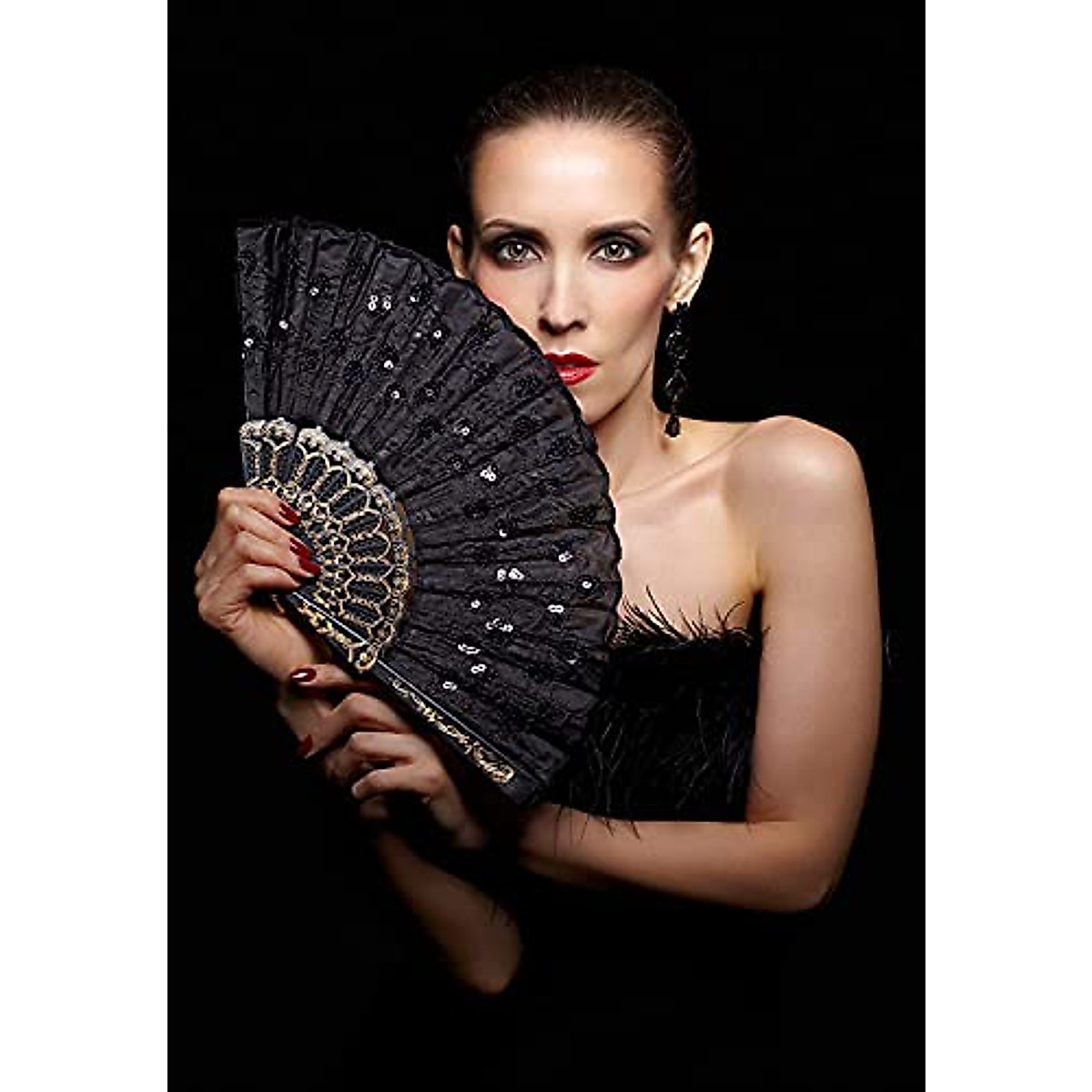 Hithop Hand Fan (Black) - Elegant Fabric Folding Hand Fan - Snaps Open, Easy to Handle. Cools effortlessly. Perfect Ballet and Dance Fan.