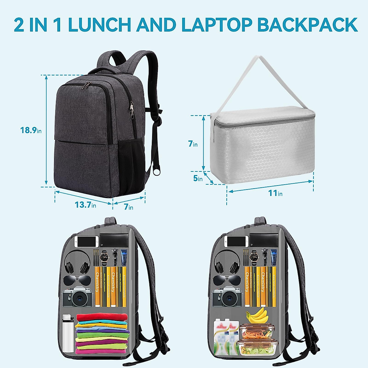 SLOTRA Lunch Backpack,17 Inch Laptop Backpack with Lunch Box USB Port Travel Computer Backpack Large Capacity Busniess Commute Bag