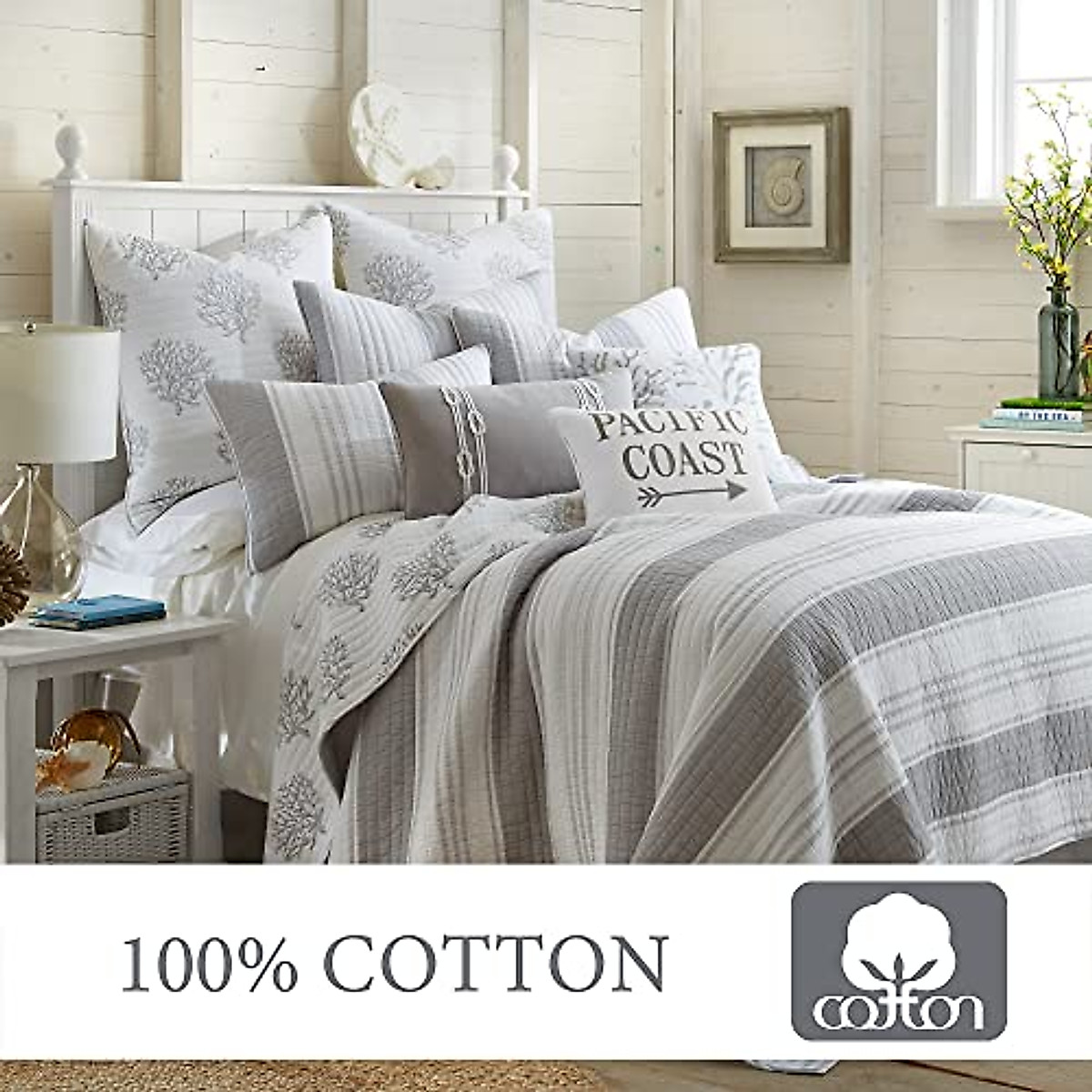 Levtex Home - Nantucket King Quit Set - Striped Coastal - Grey & White - Quilt Set Size 106x92in. and Two Shams 20x36in. - Reversible - Cotton Fabric