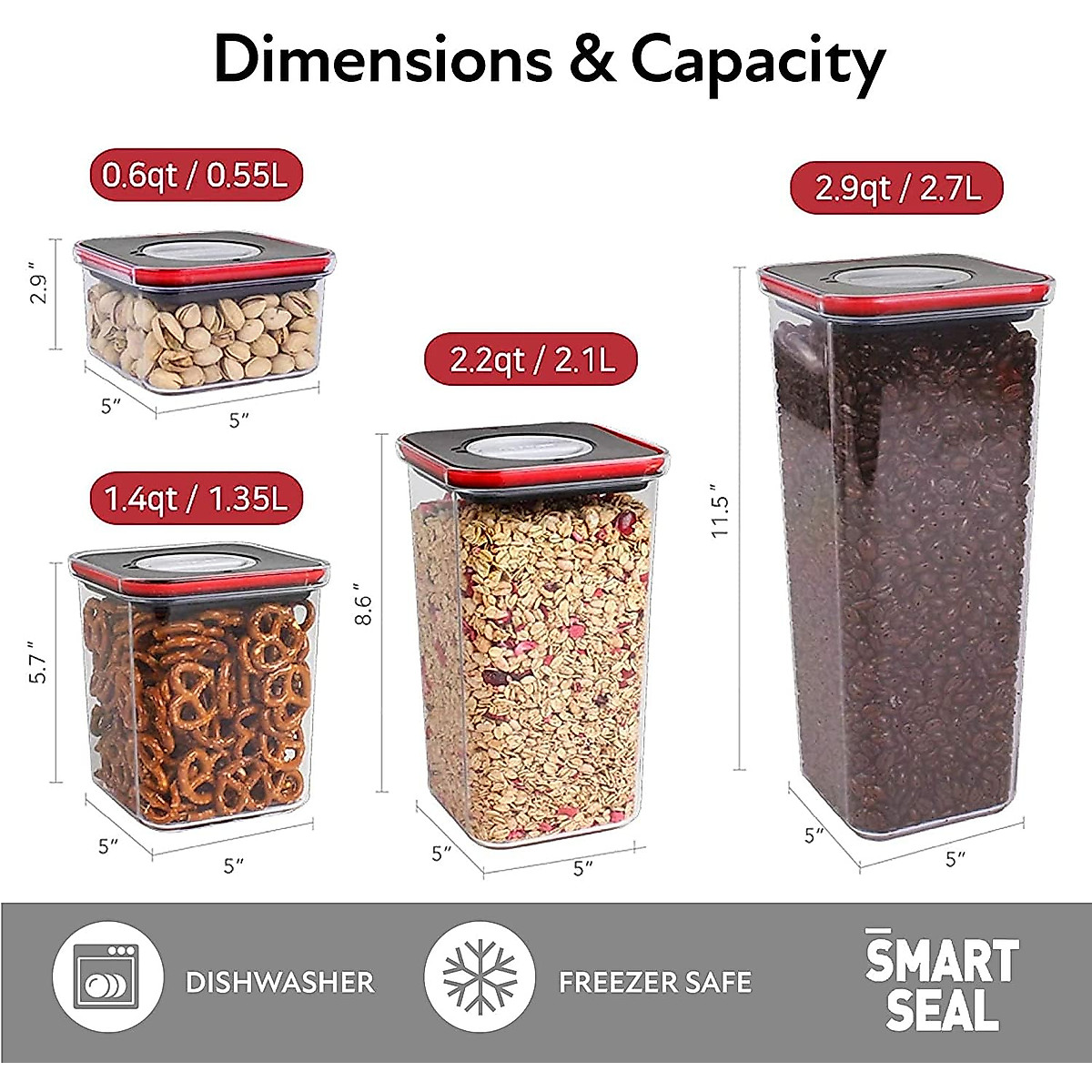 Kitchen Pantry Airtight Smart Seal Dry Food Storage with Lid, Modular, Stackable, Square, Clear Canister for Cereal, Sugar, Flour, Snack, Coffee, Pasta Container (8 Set, Black Lid)