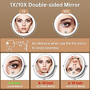 Gospire Lighted Makeup Mirror with Magnification 10X， Rechargeable Stepless Dimming LED Vanity Mirror 7", 360° Swivel Magnifying Cosmetic Mirror Cordless Standing Mirror for Dresser, Bathroom