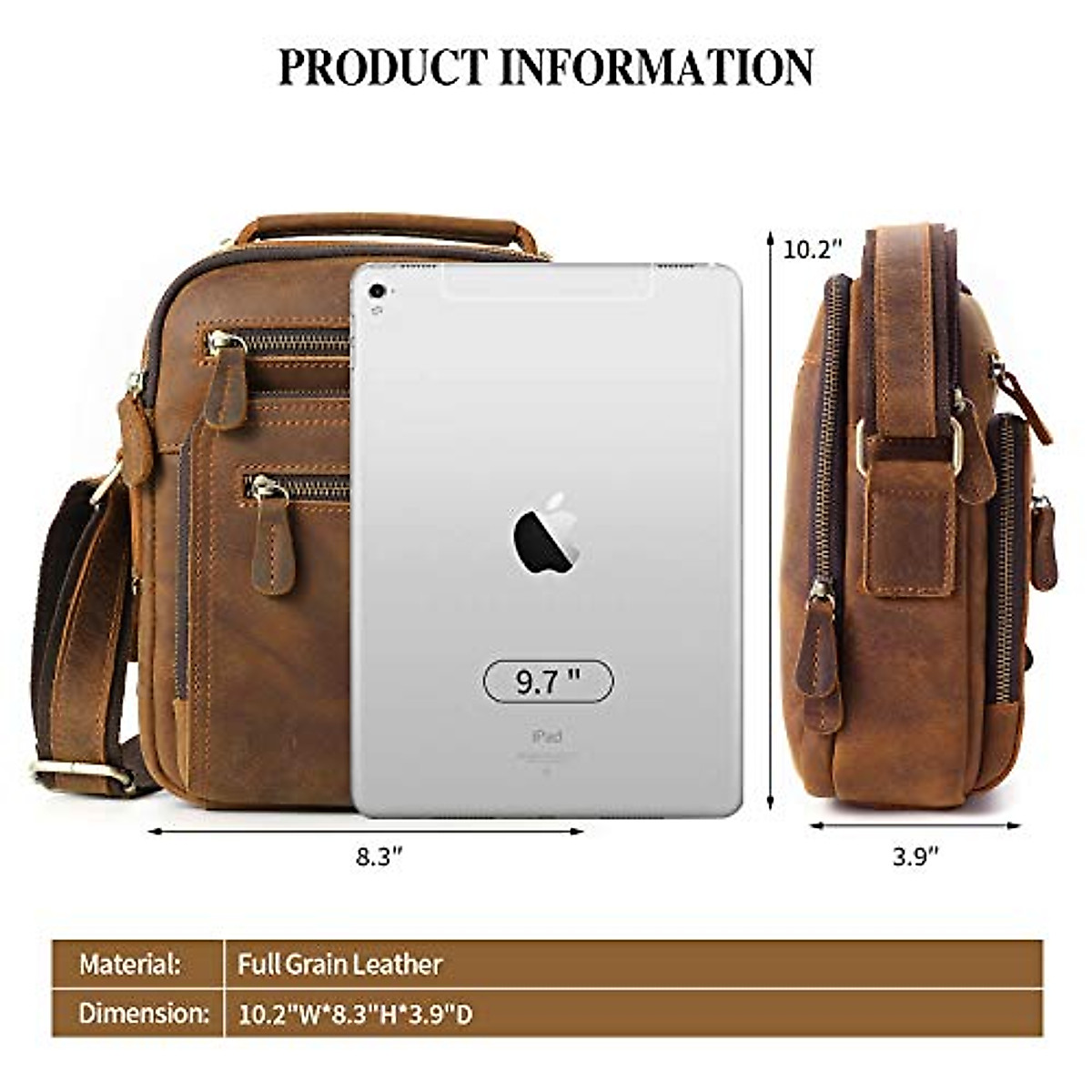 Ringsun Small Leather Travel Bag Zipper Crossbody Shoulder Bag Messenger Bag Mens Purse Bag, Leather Man Purse