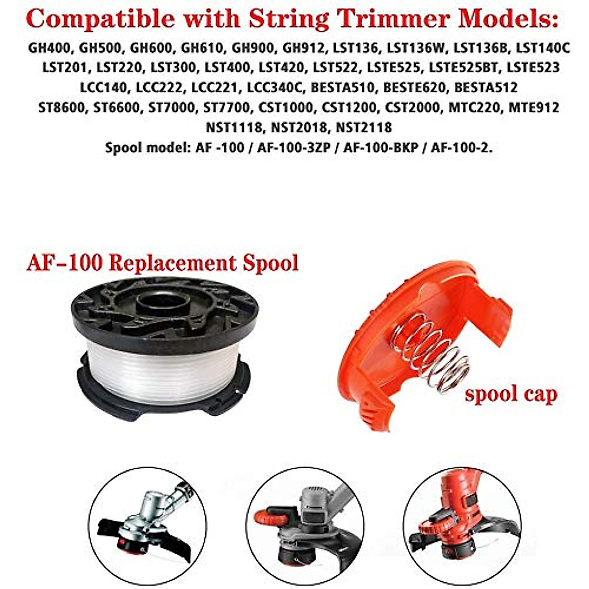 0.065" Line String Trimmer Autofeed Replacement Spool,AF-100 Line String Trimmer, 30ft Weed Eater Spool Replacement Spool for String Trimmer, for Black and Decker Models (10 Spools+2 Caps)12 Pack