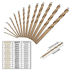13 PCS M35 Cobalt Steel Twist Drill Bit Set,HSS Extremely Heat Resistant Drill Bit with Straight HSS Shank,1.5mm-6.5mm Jobber Drill Bit Kit for Stainless Steel,Hard Metal as Titanium Alloy