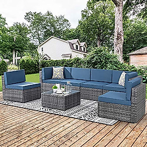 Walsunny Outdoor 7 Piece Patio Furniture Set, Outdoor Sectional Sofa Couch Patio Conversation Furniture Sets Silver Gray Rattan Wicker (Aegean Blue)