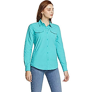 CQR Women's UPF 50+ Long Sleeve Hiking Shirts, Quick Dry Outdoor UV/Sun Protection Button Down Shirts, Dry Fit Fishing Shirts Teal, Large