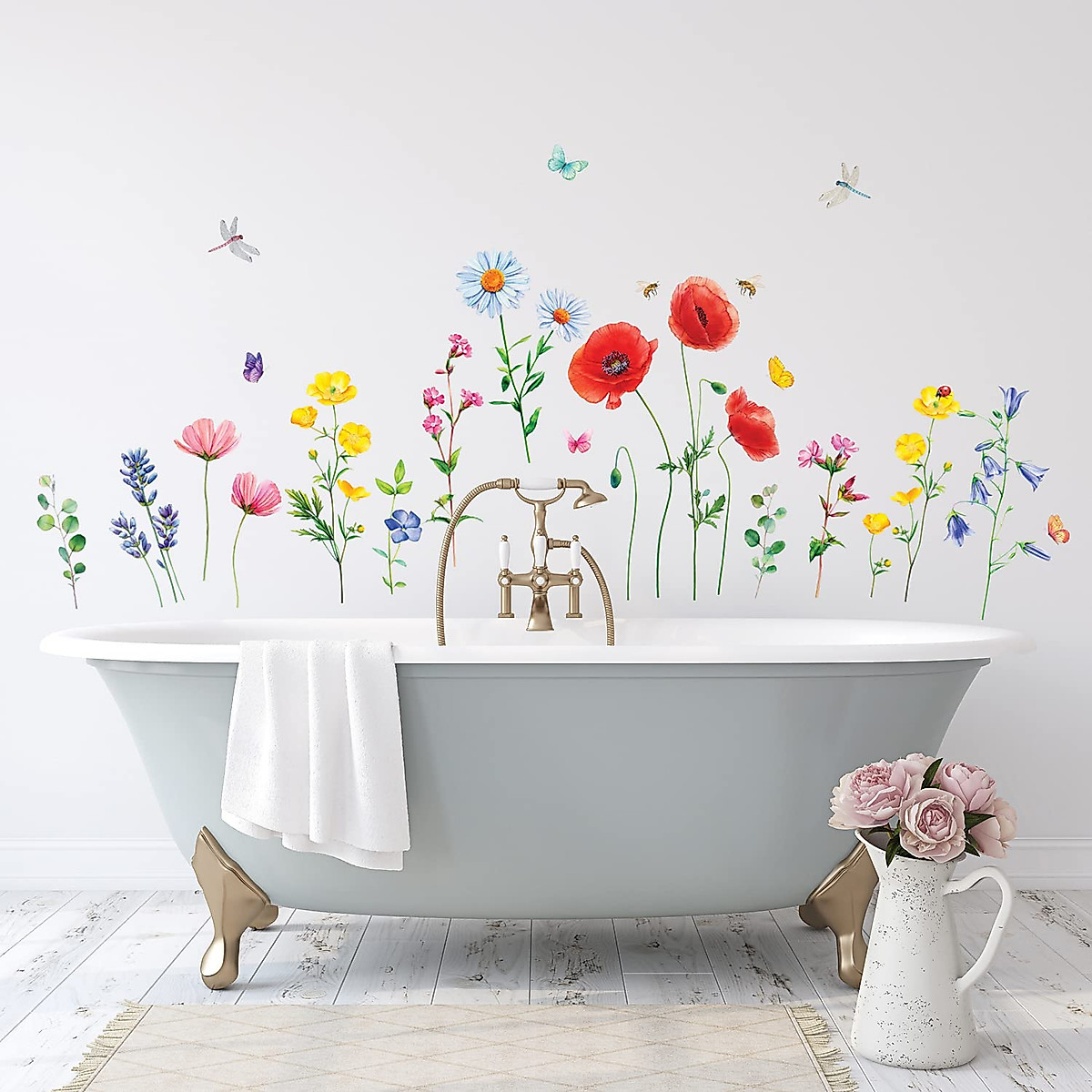 DECOWALL SG-2103 Wild Flower Wall Stickers Floral Plant Butterfly Decals Removable for Nursery Bedroom Living Room Art Home Decor murals Decoration