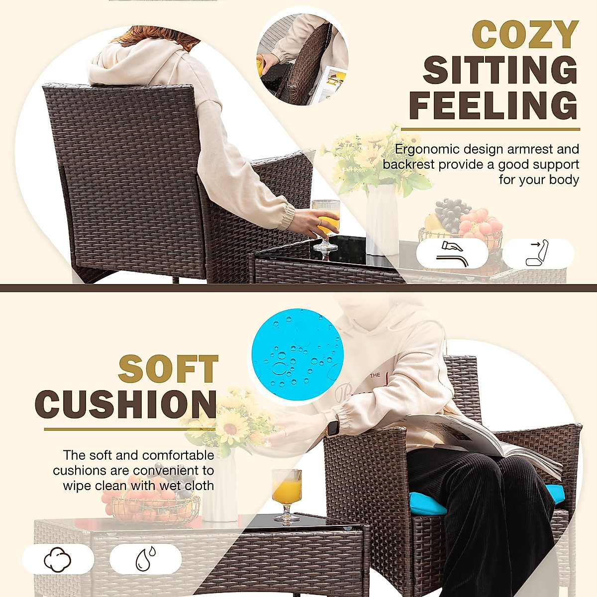 Homall 4 Pieces Patio Rattan Chair Wicker, Outdoor Indoor Use Backyard Porch Garden Poolside Balcony Furniture Sets (Blue)