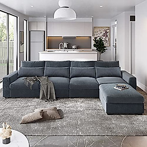 130" L-Shaped Convertible Modular Sectional Sofa with Reversible Chaise, Feather Filled, 5-Seat, 4 Pillows