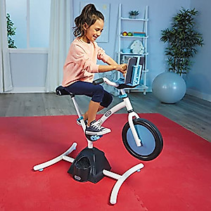 Little Tikes Pelican Explore & Fit Cycle Adjustable Play Fitness Exercise Equipment Stationary Bike with Videos and Built-in Bluetooth Speaker, For Kids Ages 3-7 Years, WHITE, BLUE