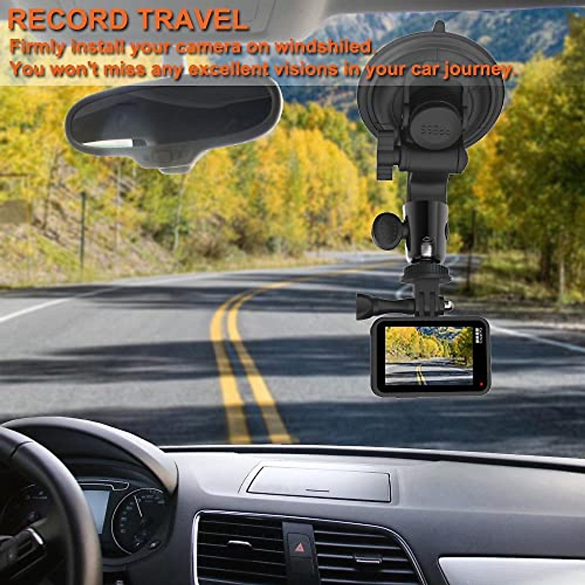 Camera Mount Car Windshield Dashboard Holder for GoPro, EXSHOW Car Dash Suction Cup Mount, 360° Heavy Duty Action Camera Stand with 1/4-20 Thread for GoPro Akoso SJCAM Insta360 Canon Vlogging DSLR Cam