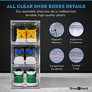 ShoeShield Ultra All Clear Shoe Boxes Plastic Stackable Professional Grade Shoe Display Case with Magnetic Front Drop Door Open Easy Assembly Modern Shoe Sneaker Display Case Fits US Size 14