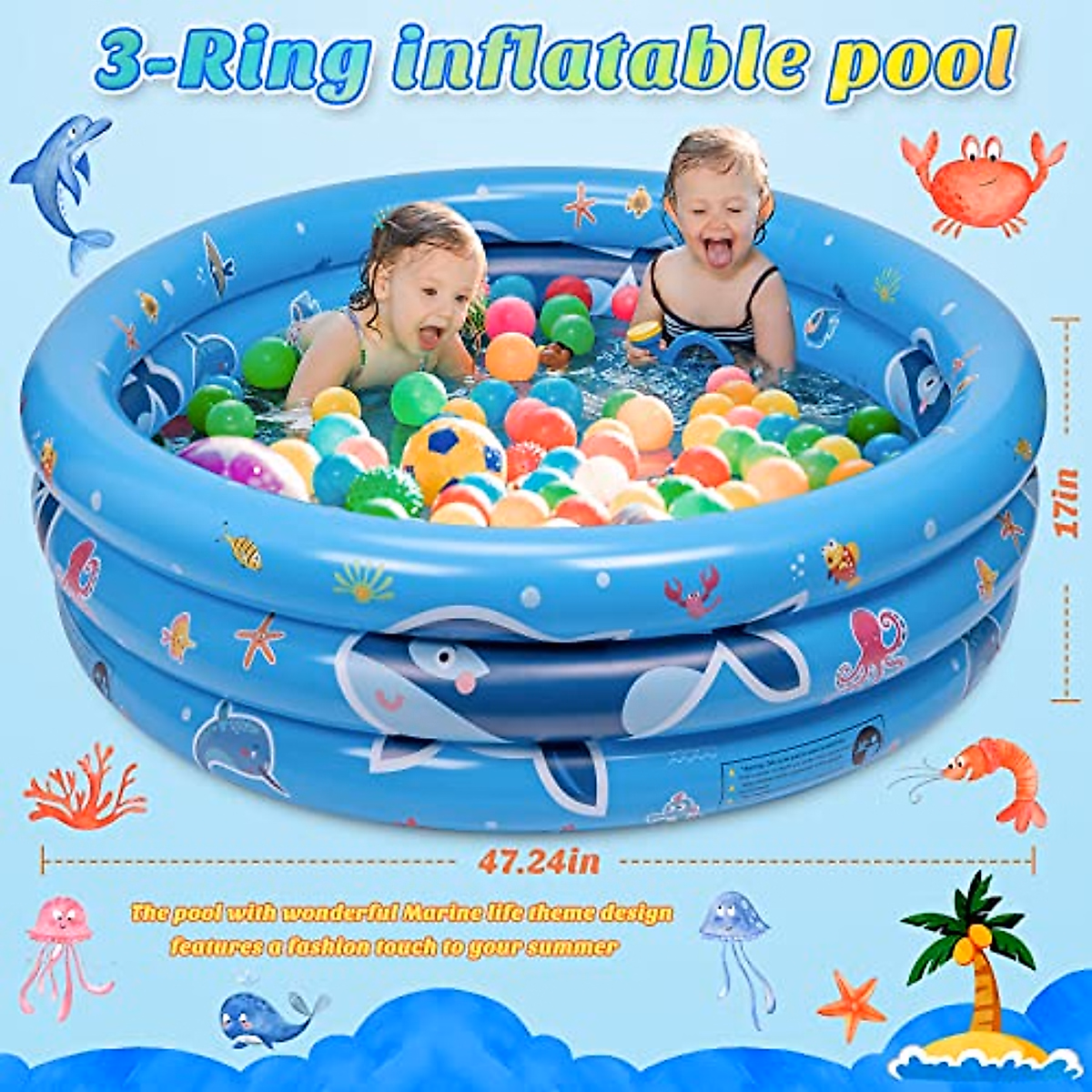 balnore Kiddie Pool for Toddlers - Whale Inflatable Kiddie Pools | Kids Pools for Backyard | 3 Ring Kiddie Pool/47x17 Indoor Outdoor Pool Party