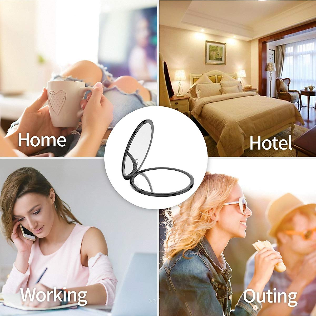 Gospire 4" Ultra-Thin Pocket Makeup Mirror for Travel, 1X/10X Double Sided Magnifying Portable Compact Handbag Handheld Round Foldable Cosmetic Mirror for Women (Black)