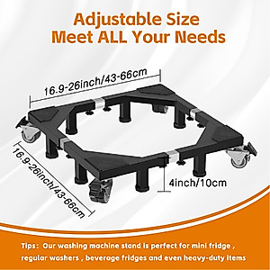 ANBase Heavy Duty All Steel Fridge Stand Mobile Base with 4 Locking Wheels and 8 Sturdy Feet 16.9"-26" Adjustable Furniture Dolly for Washer, Refrigerator and Dryer（Black）