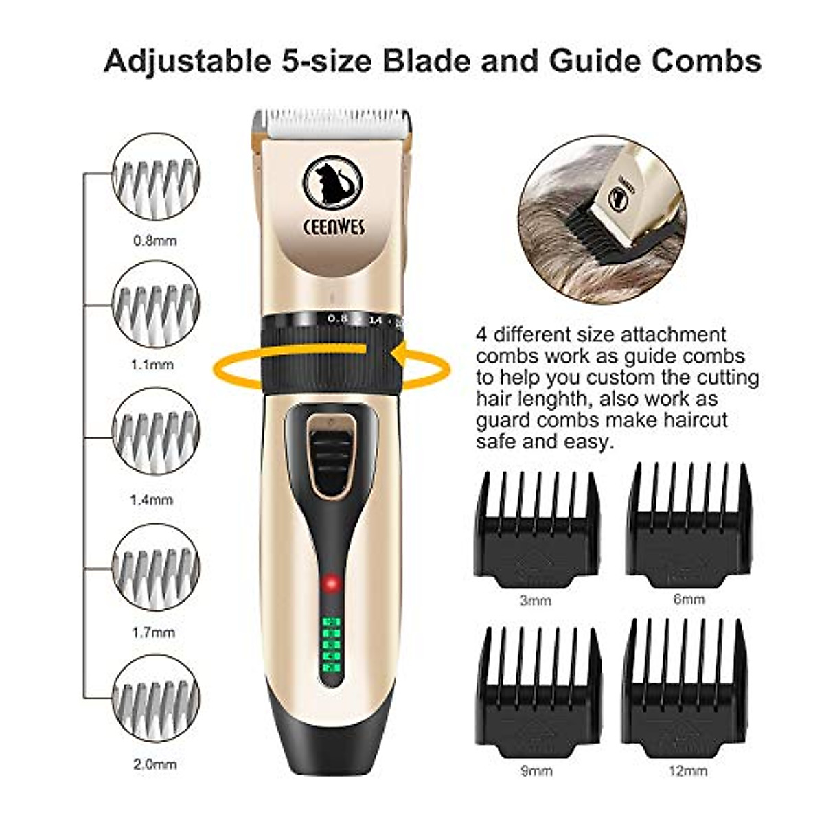 Dog Clippers Cordless Grooming Kit Professional Horse Detachable Blade with 4 Comb Guides，Low Noise Pet Rechargeable Tools for Small & Large Dogs Cats Pets