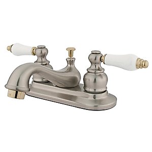 Kingston Brass GKB609B Restoration Teapot Faucet with Ceramic Handle with Retail Pop-Up, Brushed Nickel with Polished Trim
