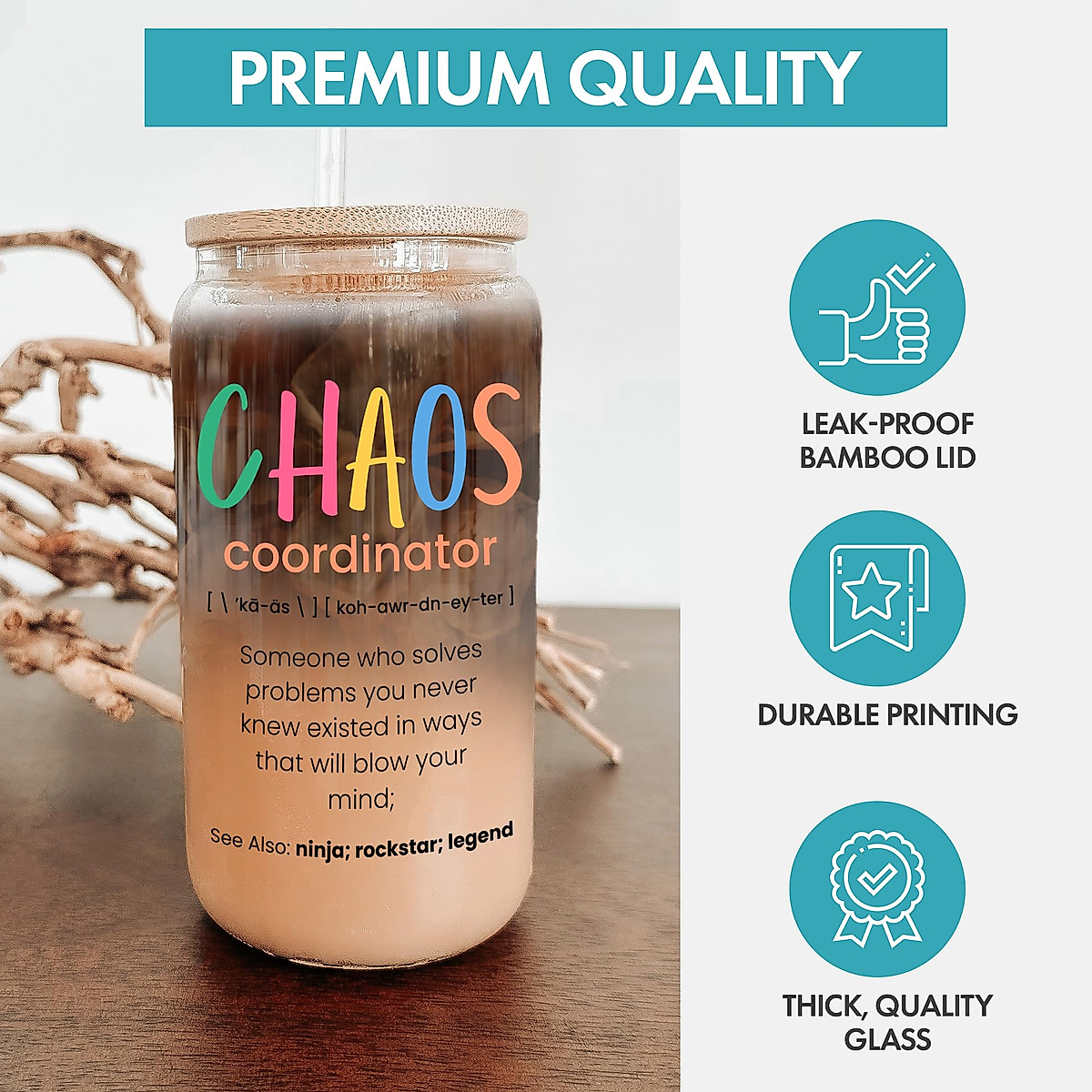 KLUBI Chaos Coordinator Glass Cup With Straw 16oz Chaos Coordinator Gifts for Women Christmas Gifts Officiant Gifts for Wedding Day Promotion Gifts for Women Nurse Gifts Bosses Day Gifts for Her