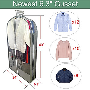 Garment Bags for Hanging Clothes with 6.3" Gusset, 40" Suit Bags for Closet Storage, Clear Moth Proof Suits Covers and Side Zipper Protector for Jacket, Coat, Sweater, Shirts, Clothing, Grey/3 Packs