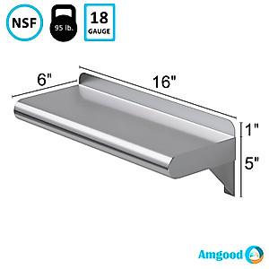AmGood 6" X 16" Stainless Steel Wall Shelf | NSF | Metal Shelving | Garage, Laundry, Storage, Utility Room | Restaurant, Commercial Kitchen