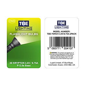 TBE LIGHTING Replacement 3 Volt / 3D 3.6 Volt, 0.75A Bayonet Base P13.5 Krypton Flashlight Bulbs, Pack of 2 Energy efficient Flashlight Krypton Bulbs to fit a Standard 3D Torches