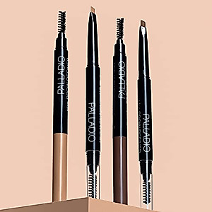 Palladio Brow Definer Retractable Pencil, Triangular Tip Fills Brows for a Natural Look, Tame and Shape Eyebrows with Spoolie Brush, Eyebrow Shaper, Buildable Light to Dark Colors, (Taupe)
