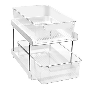 Ruishetop Stackable Under Sink Cabinet Organizer, Multi-Purpose 2 Tier Drawers Sliding Cabinet Basket Organizer Drawer with Handle for Home Kitchen Bathroom Office
