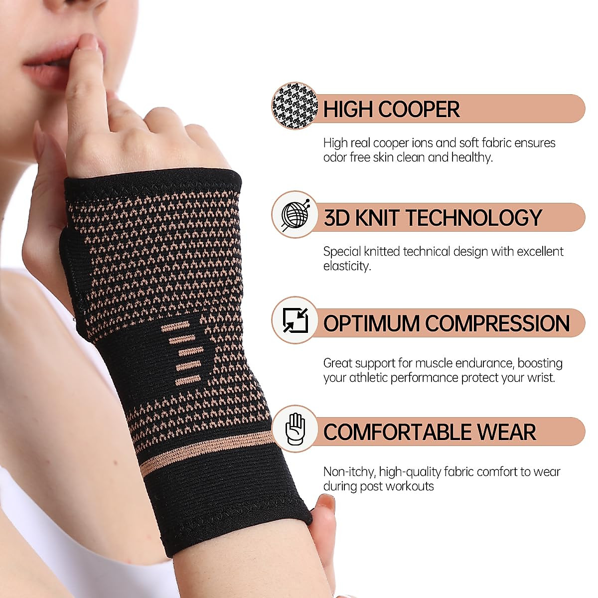 KEPHTELAN Wrist Brace for Carpal Tunnel Relief Night Support,Wrist Compression Sleeve (Pair)-Wrist Brace Right Left Hand for Working Out, Tendonitis, Women Men (Medium, Cooper)