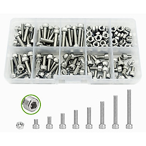 Elantek 160Pcs Metric M4 304-Stainless Steel Hex Socket Head Cap Screws Nuts Assortment Kit- M4 x 6mm/ 8mm/ 10mm/ 12mm/ 14mm/ 16mm/ 18mm/ 20mm