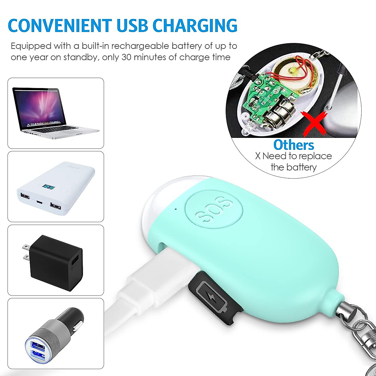 Criacr Safe Sound Personal Alarm, 130dB Rechargeable Safesound Security Alarm Keychain, Emergency Self Defense Alarm with LED Light, for Kids, Women, Elderly (1 Pack-Blue)