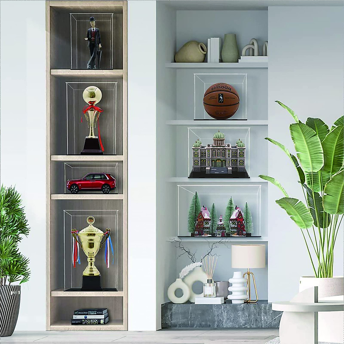 Clear Acrylic Display Case for Toys Collectibles，Assemble Acrylic Box Dustproof Protection Showcase with Black Wood-Plastic Base and Lamp Beads (11.7x8x8 inch;30x20x20cm)