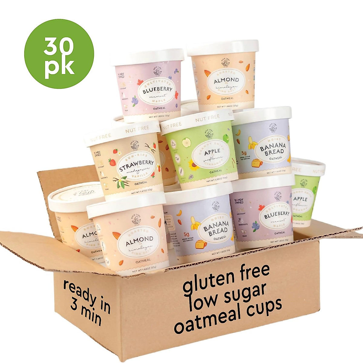 Mylk Labs Gluten Free Oatmeal Cups (30 count) All Flavor Variety Bundle - Low Sugar Breakfast, High Fiber Thin Rolled Oats, High Protein Instant Oatmeal, Non GMO, Vegan