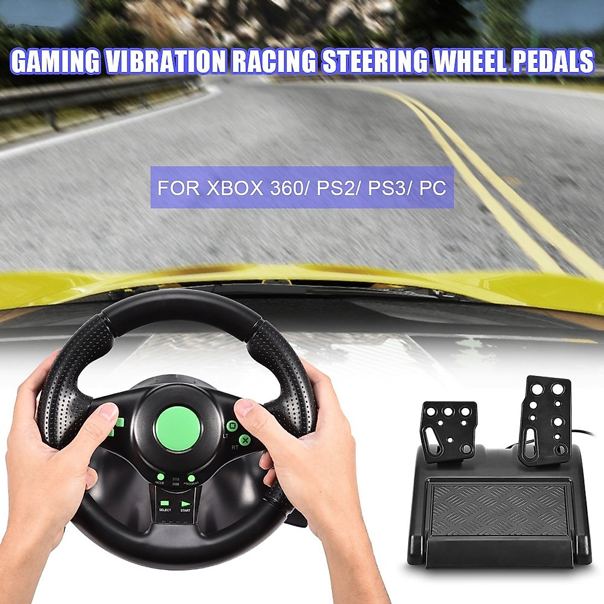 Sport Steering Racing Wheel,Gaming Vibration Racing Steering Wheel Pedals for XBOX 360/ PS2/ PS3/ PC USB Racing Wheel