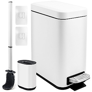 M-Aimee Slim Trash Can and Toilet Brush Combo, Stainless Steel Garbage Can, 1.3 Gallon / 5 Liter, Rectangle Step Small Garbage bin, Soft Close, Removable Plastic Bucket (White)