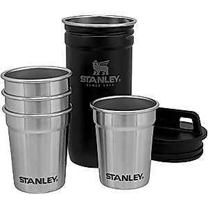 Stanley Stainless Steel Shot Glass And Flask Gift Set, Outdoor Adventure Pack With 4 Metal Shot Glasses, 8oz Whiskey Flask, And Travel Carry Case