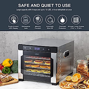 NutriChef Electric Countertop Food Dehydrator Machine - 600-Watt Premium Multi-Tier Meat Beef Jerky Maker Fruit/Vegetable Dryer w/ 6 Stainless Steel Trays, Digital Timer, Temperature Control