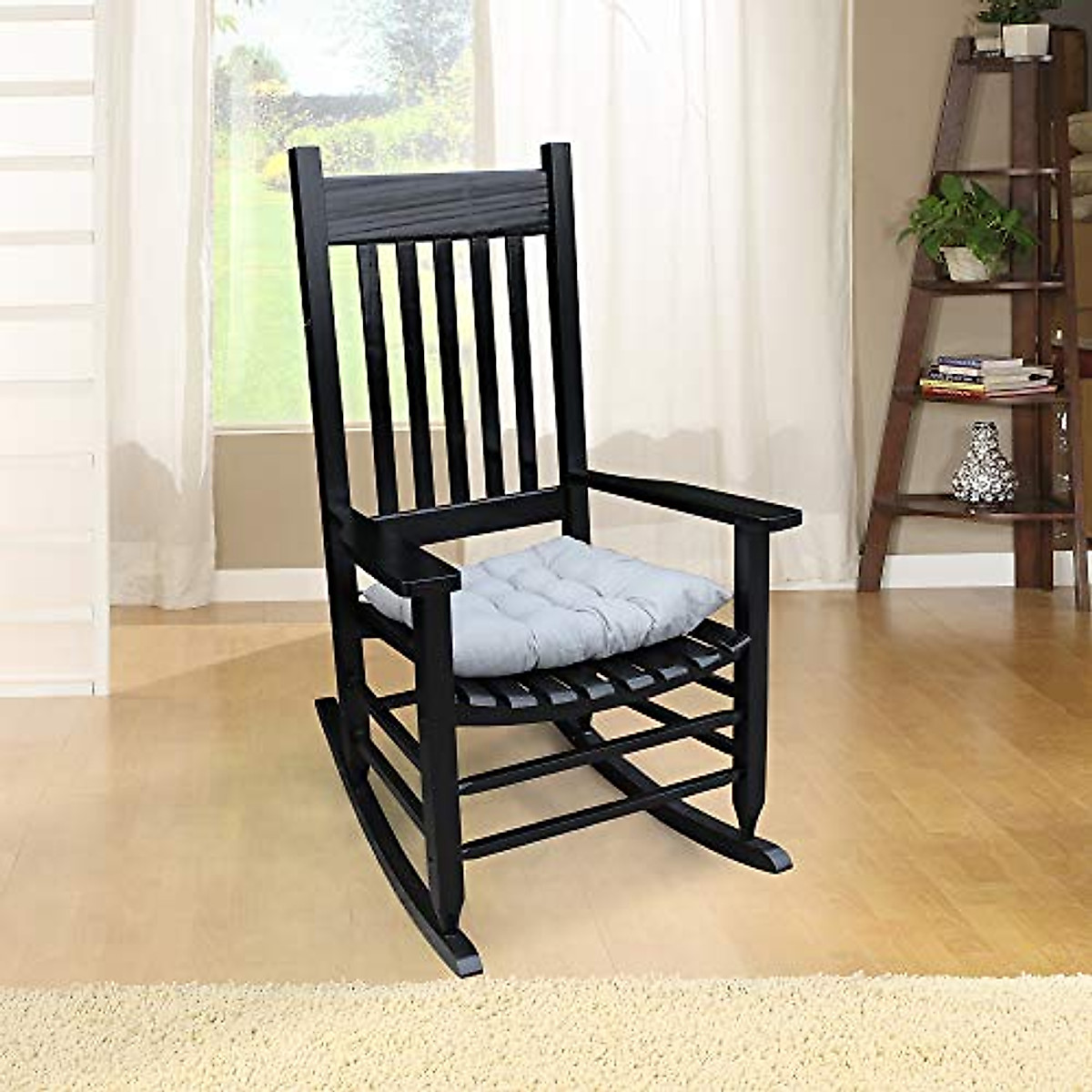 Knocbel Wooden Rocking Chair Porch Rocker with Cushion, Indoor/Outdoor High-Back Lounge Chair Patio Furniture for Balcony Lawn Pool Deck, 280lbs Weight Capacity (Black)