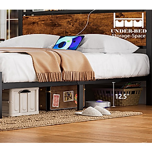 Furnulem Full Bed Frame with LED Lights,Industrial Storage Headboard with Charging Station,USB Port,Under Bed Storage,Wood Platform with Strong Metal Support,No Box Spring Needed, Silent