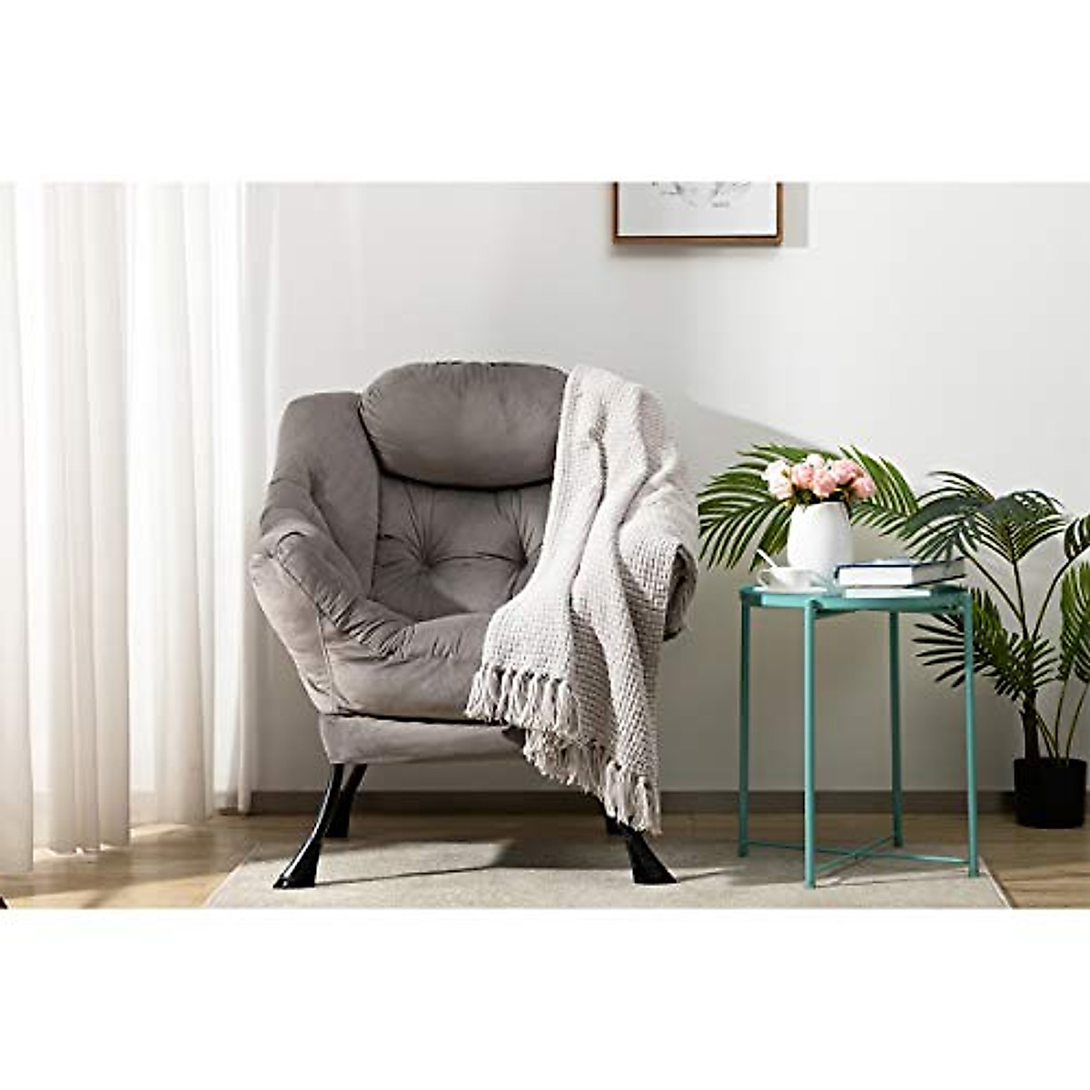 AcozyHom Modern Large Cotton Fabric Lazy Chair，Accent Contemporary Lounge Chair, Single Steel Frame Leisure Sofa Chair with Armrests and A Side Pocket, Smoky Grey