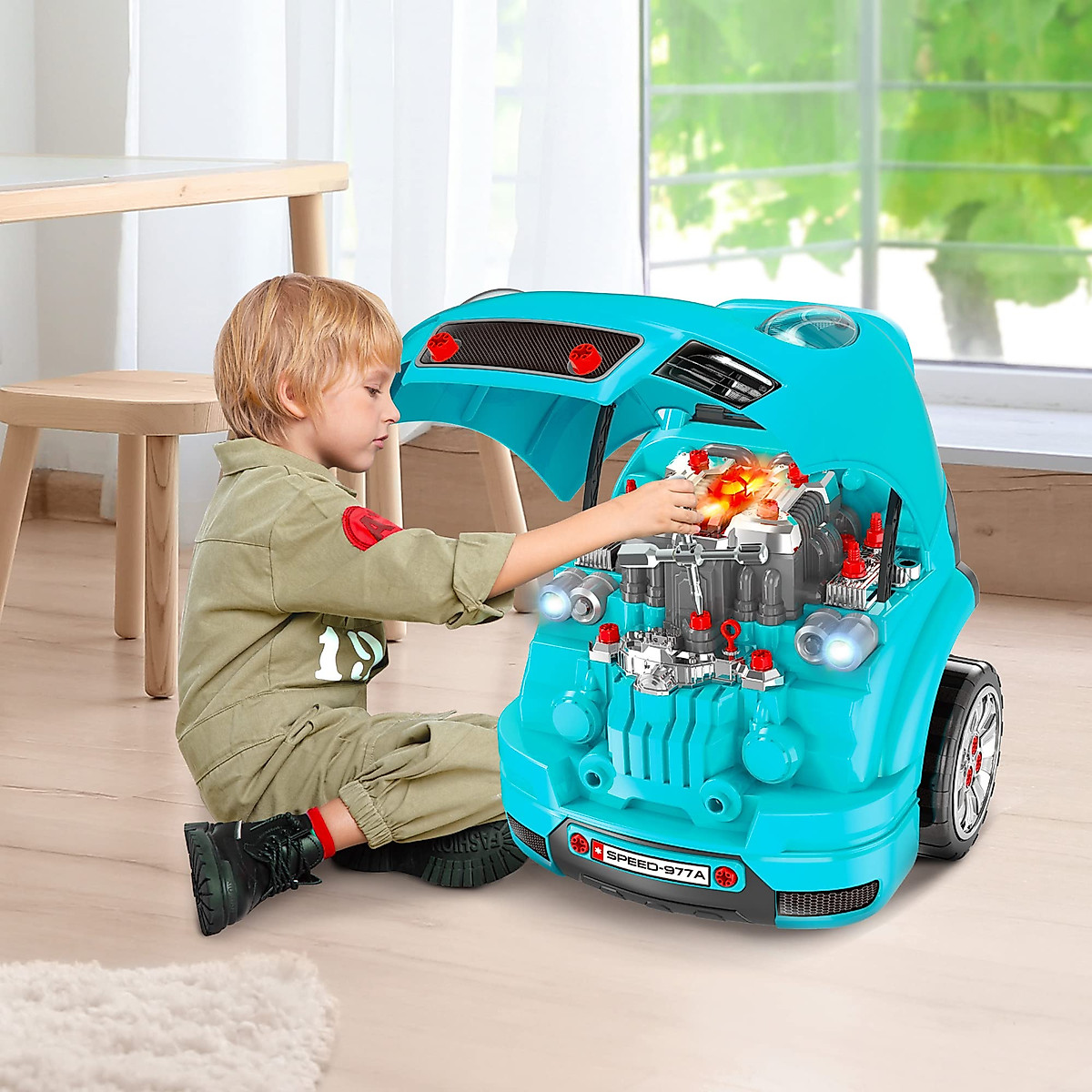 Qaba Kids Truck Engine Toy, Kids Mechanic Car Repair Set, Engine Disassembly Play Workshop, Includes 61 Pieces, Steering Wheel, Horn, Light for 3-5 Years Old, Teal