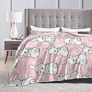 Gaseekry Blanket Hand Drawn Rabbit Bunny Heart Fleece Flannel Throw Blankets for Couch Bed Sofa Car,Cozy Soft Blanket Throw Queen King Full Size for Kids Women Adults 80"X60"
