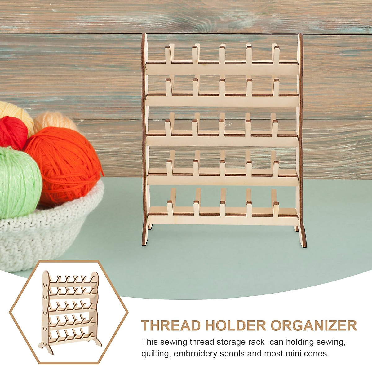 EXCEART Spools Wooden Thread Rack Thread Holder Organizer Wall-Mounted with Hanging Hooks for Embroidery Quilting and Sewing Threads