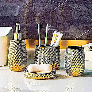 BASDHE Bathroom Accessories Set 5 Piece Bath Ensemble Includes Trash Can,Toothbrush Holder,Toothbrush Cup,Soap Dispenser,Soap Dish for Decorative Countertop and Housewarming Gift, Yellow