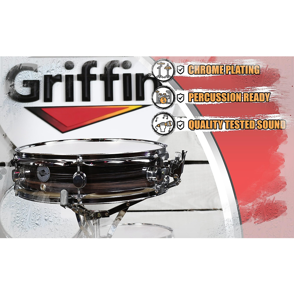 Piccolo Snare Drum 13" x 3.5" by GRIFFIN | 100% Poplar Wood Shell with Zebra Wood Finish & Coated Drum Head | Professional Marching Drummers Percussion Instrument with Bright Tone & Brilliant Attack