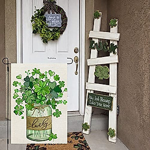 CROWNED BEAUTY St Patricks Day Garden Flag 12x18 Inch Double Sided for Outside Small Burlap Green Shamrocks Clovers Mason Jar Lucky Welcome Yard Holiday Flag CF727-12