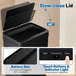 Goplus Stainless Steel Trash Can 13 Gallon, Automatic Motion Sensor Garbage Can with Stay-on Lid and Soft Closure, Elevated Tall Waste Bin with Detachable Legs for Kitchen, Office, Black