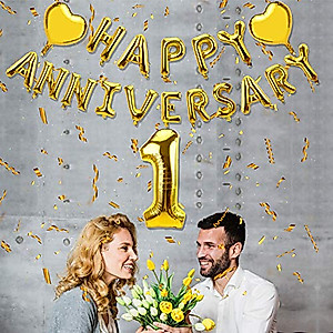 Yoaokiy 1 Year Anniversary Balloon Decorations, Happy 1st Anniversary Party Supplies - Gold Glitter 1 Year Anniversary Balloon Banner with 2 Heart Foil, 1st Wedding Anniversary Supplies Decorations