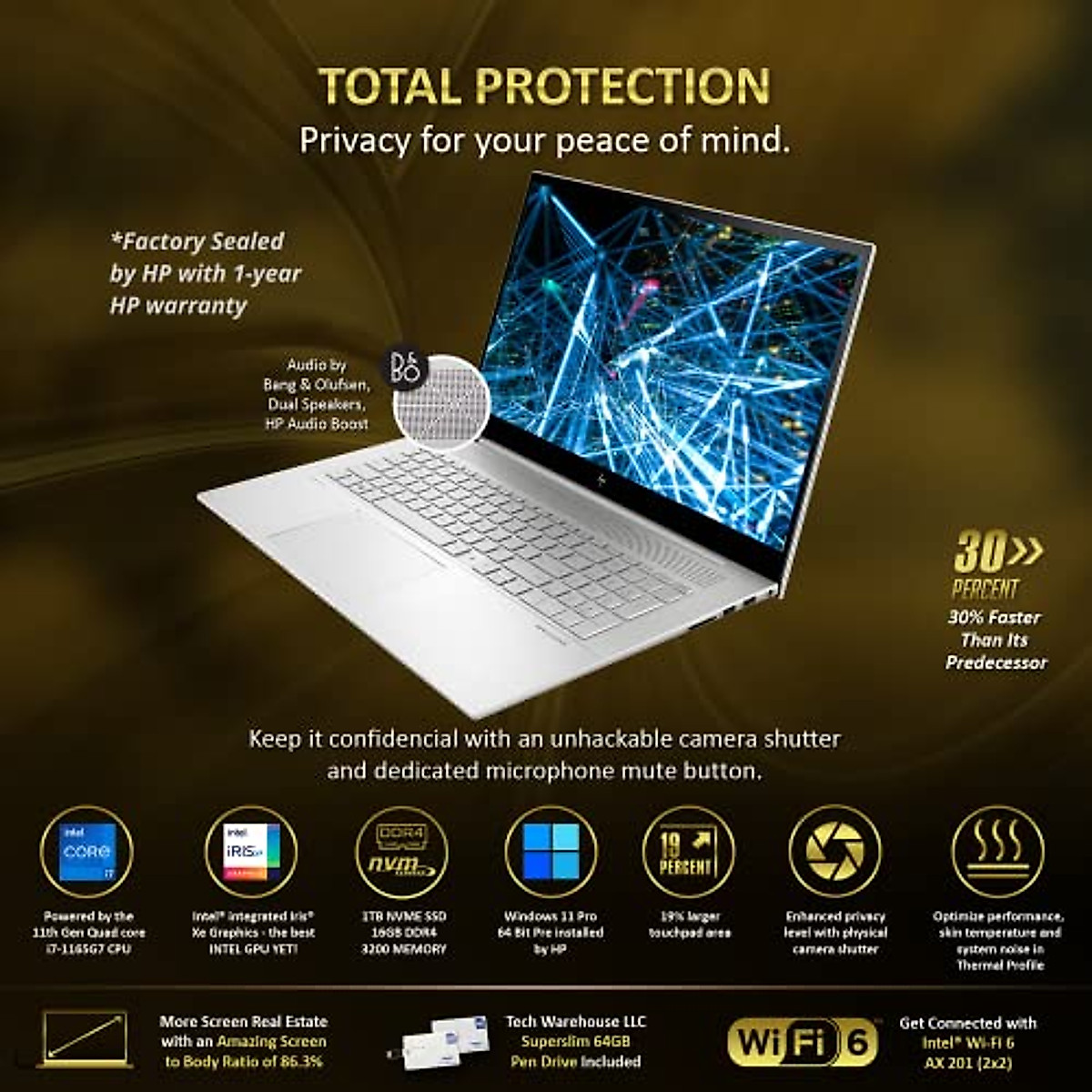 HP Envy 17T 2021,i7-1165G7 11th Gen Quad Core,16GB RAM,1 TB NVMe SSD, 17.3" FHD 1080p Touch,Thunderbolt 4,Win 11 PRO,WiFi 6,B&O Speakers,USB-A,Intel Xe Graphics,4 Cell, 64GB Tech Warehouse Flash Drive