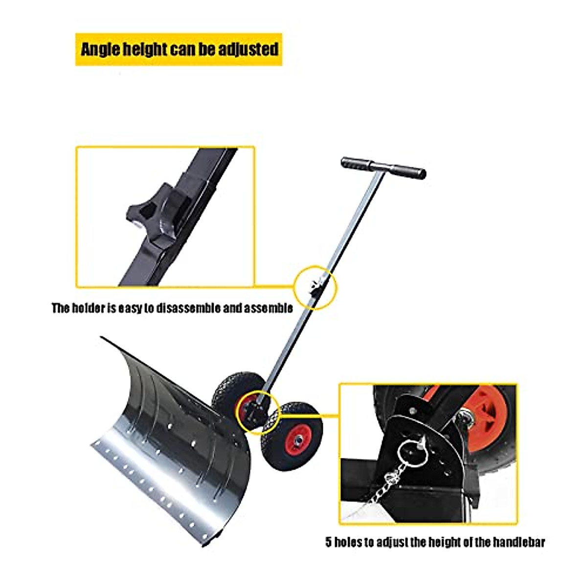 KOKMAT Snow Shovels, Rolling Snow Pusher 10in Wheels, Heavy Duty Metal Snow Pusher with Adjustable Height and Angle for Driveway, Garden, Pavement Cleaning (Size : Double Pole)